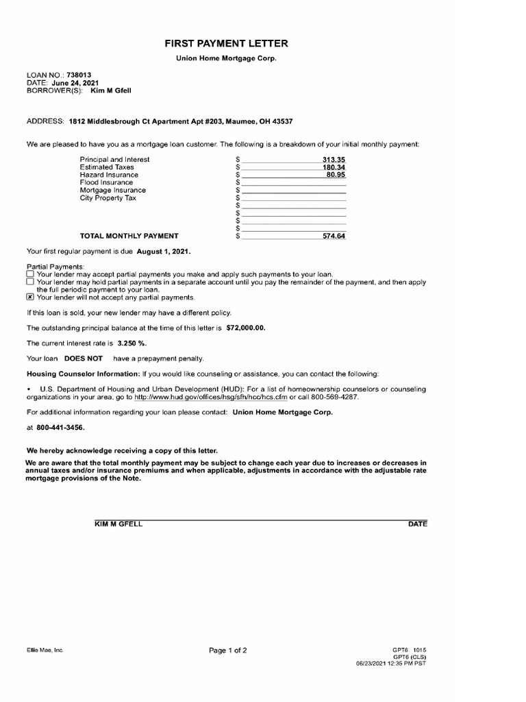 First Payment Letter | PDF