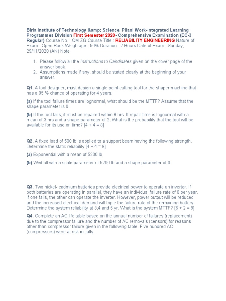 Reliability Question Paper | PDF