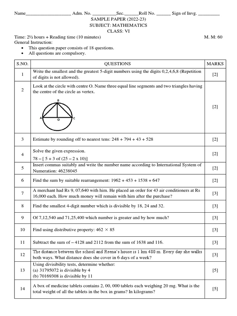 Sample Mathematics Main Paper Class Vi | PDF | Numbers | Mathematics