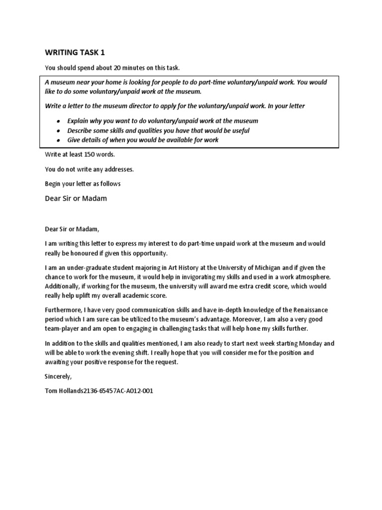 WRITING TASK 1 Letter For Voluntary Work in Museum | PDF