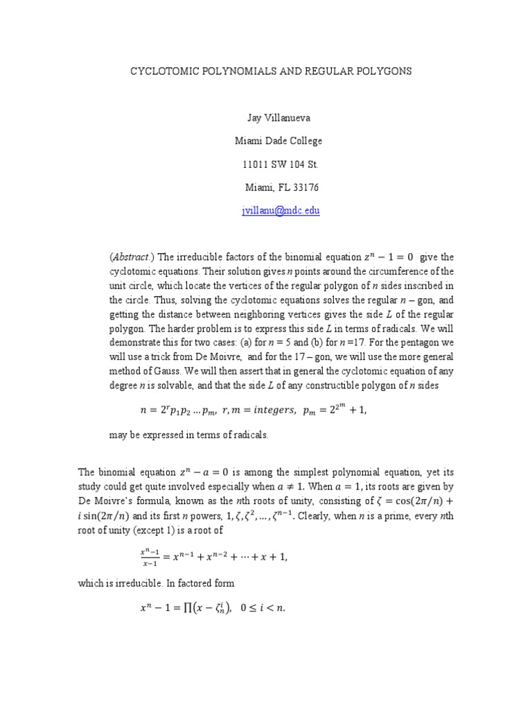 Cyclotomic Polynomials and Regular Polygons (Jay Villanueva) | PDF ...