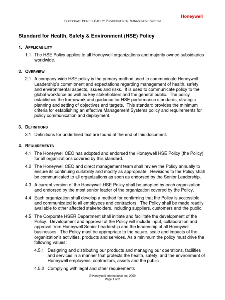 HSE_Policy_Standard Honeywell | PDF | Honeywell | Safety