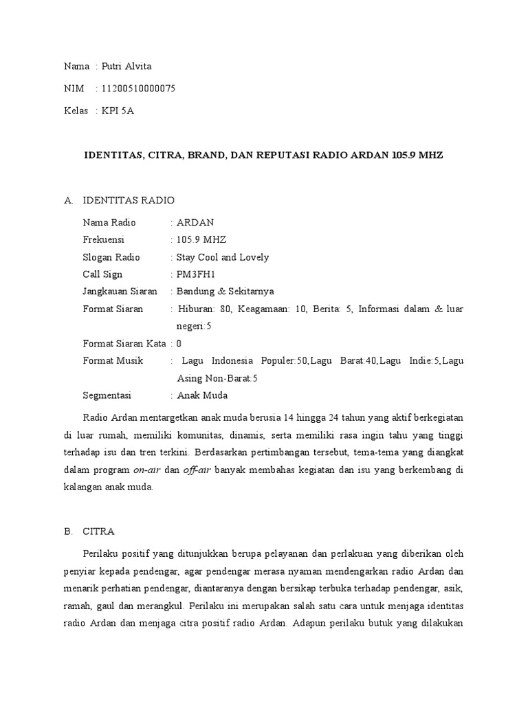 Putri Alvita - KPI 5A - Identitas Citra Brand Reputasi Ardan Radio | PDF