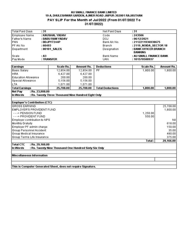 PaySlip July 2022 | PDF | Government Finances | Demographic Economics