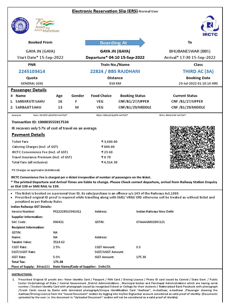 Detailed Electronic Reservation Slip for Travel from Gaya to ...