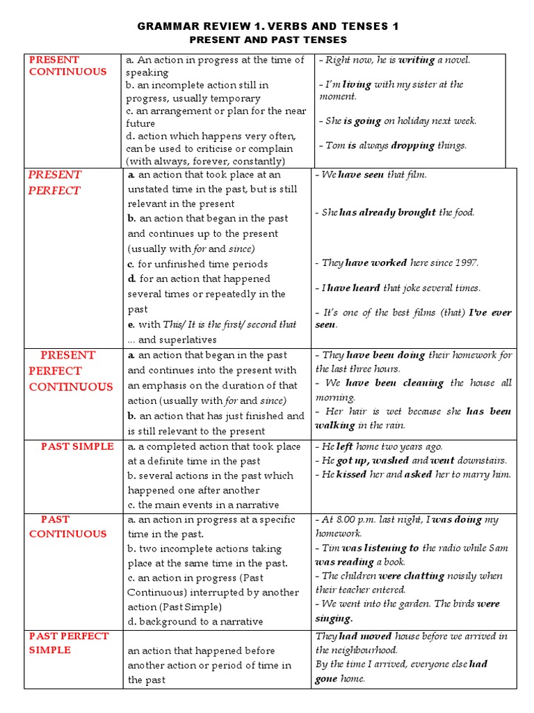 Grammar Review 1. Present and Past Tenses | PDF | Grammatical Tense