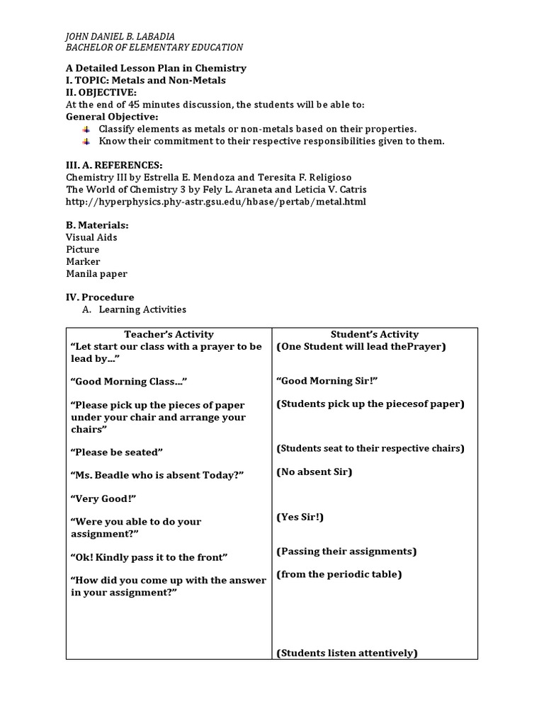 Detailed Chemistry Lesson Plan: Metals vs. Non-Metals | PDF | Metals ...