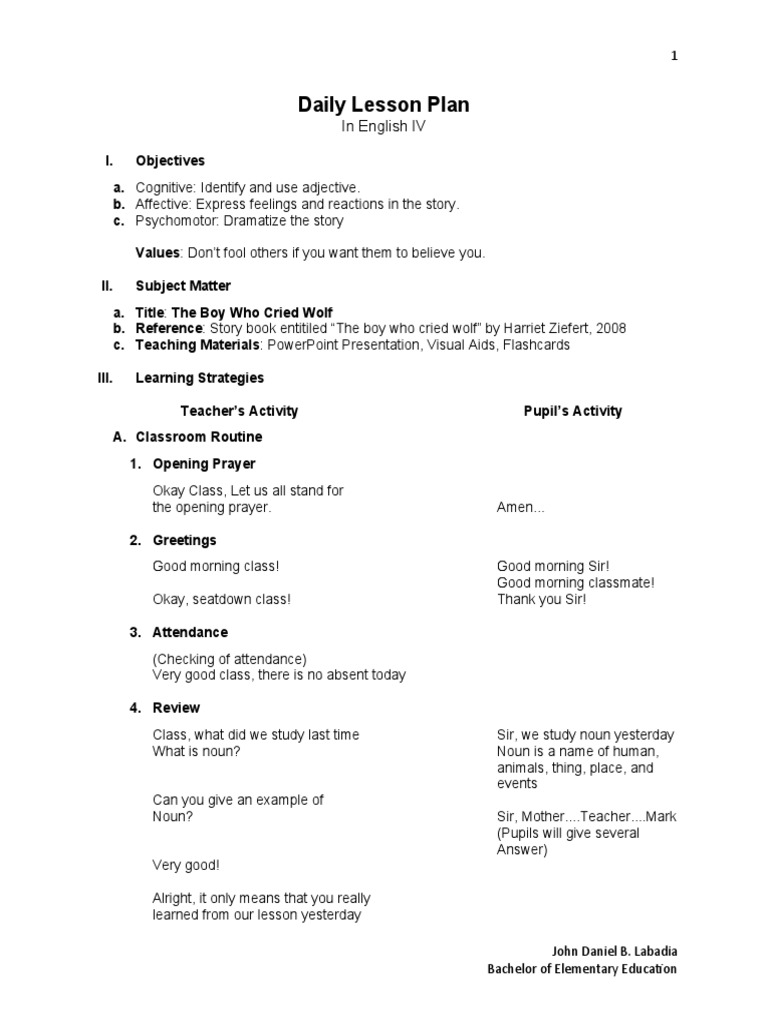 The Boy Who Cried Wolf Lesson Plan | PDF | Adjective | Linguistics
