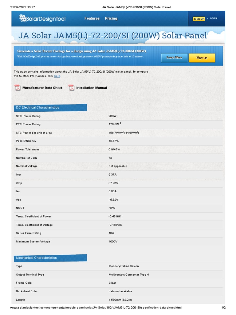 JA Solar JAM5 (L) - 72-200 - SI (200W) Solar Panel | PDF | Solar Panel ...