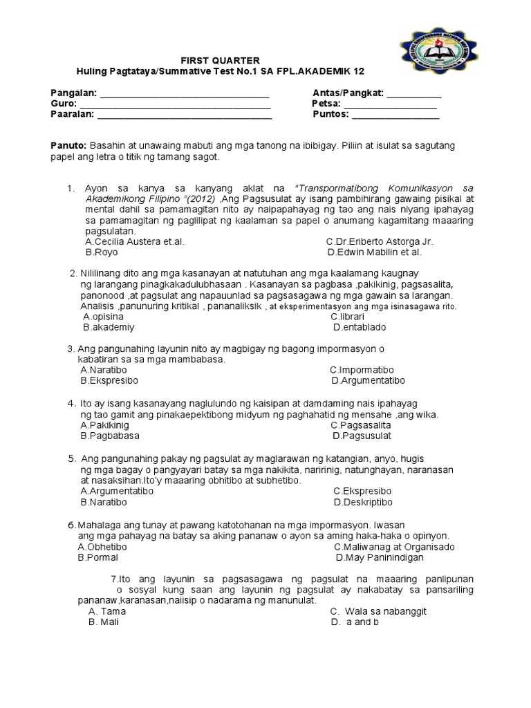 FPL - Akademik Summative-No.1 Q1W12 | PDF