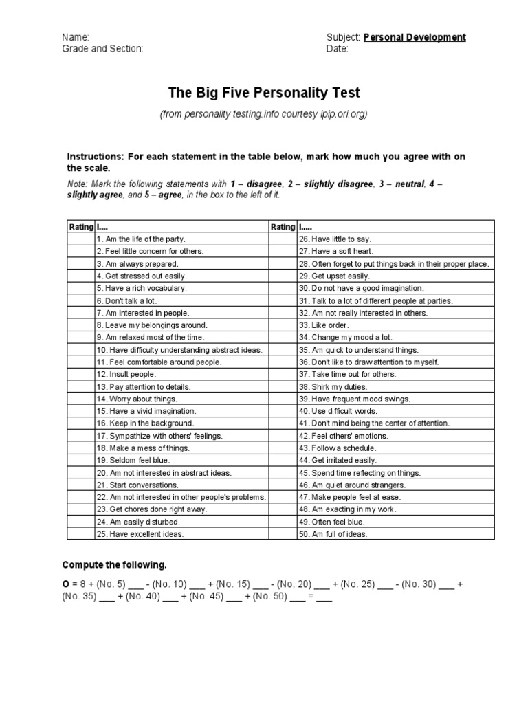 Per Dev The Big Five Personality Test | PDF | Human Development ...