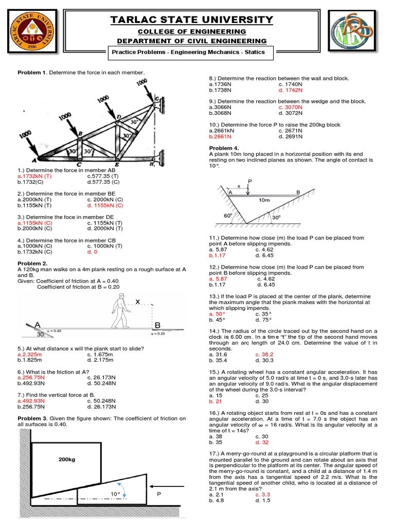 Tsu m17 Practice Problems Statics of Rigid Bodies | PDF | Rotation ...