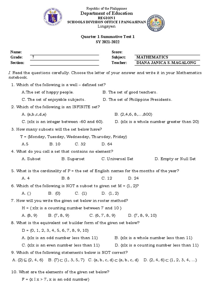 Philippine Math Quarter 1 Test Results | PDF | Mathematics ...