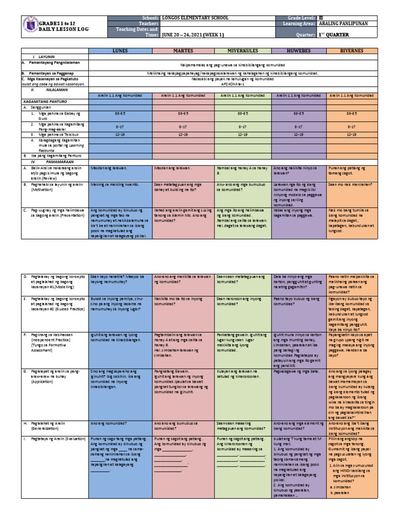 Araling Panlipunan Sample DLL in Grade 2 | PDF