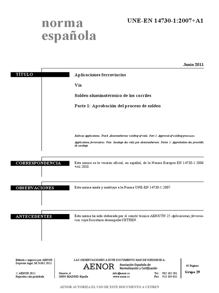 UNE - EN - 14730 - 1 Soldadura Aluminotérmica Part e 1 | PDF | Fatiga ...