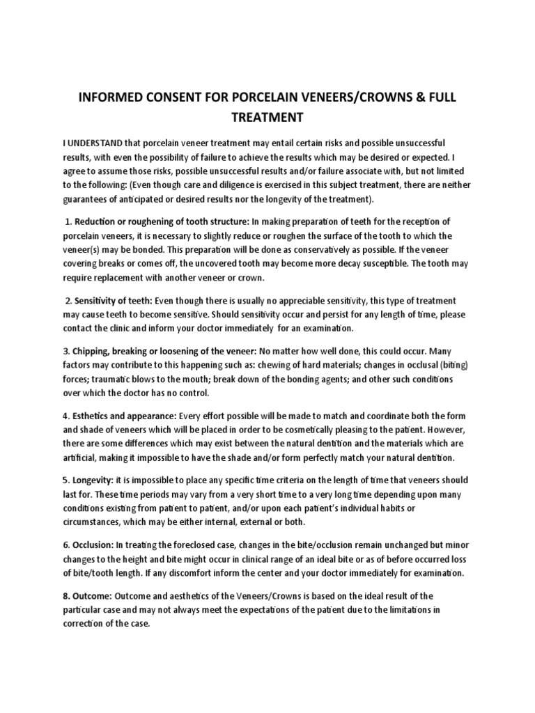 Informed Consent For Porcelain Veneers | PDF | Clinical Medicine ...