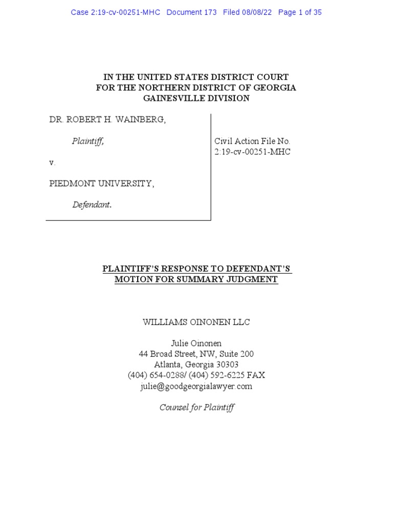 Plaintiff's Response To Defendant's Motion For Summary Judgment (Wainberg v. Piedmont University ...