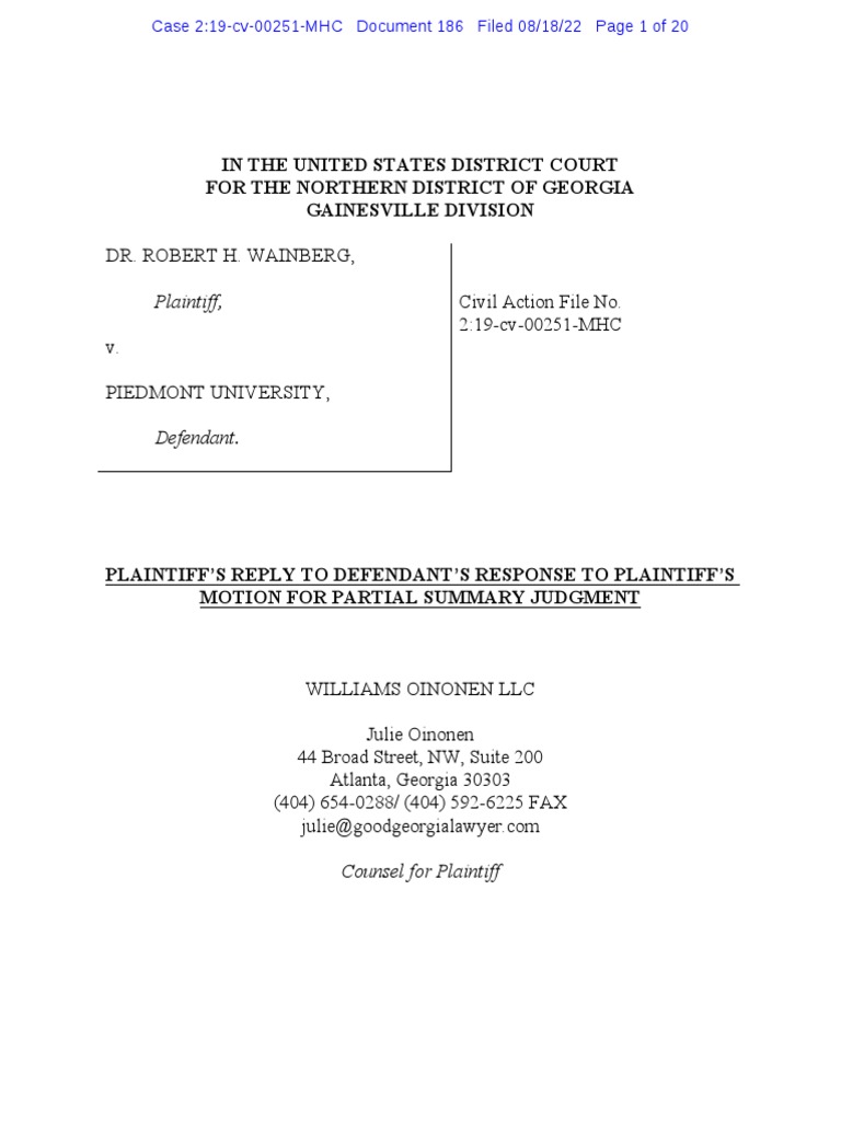 Plaintiff's Reply To Defendant's Response To Plaintiff's Motion For Summary Judgment (Wainberg v ...