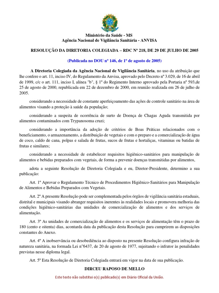 Resolucao RDC No 218 de 29 de Julho de 2005 | PDF | Alimentos | Brasil