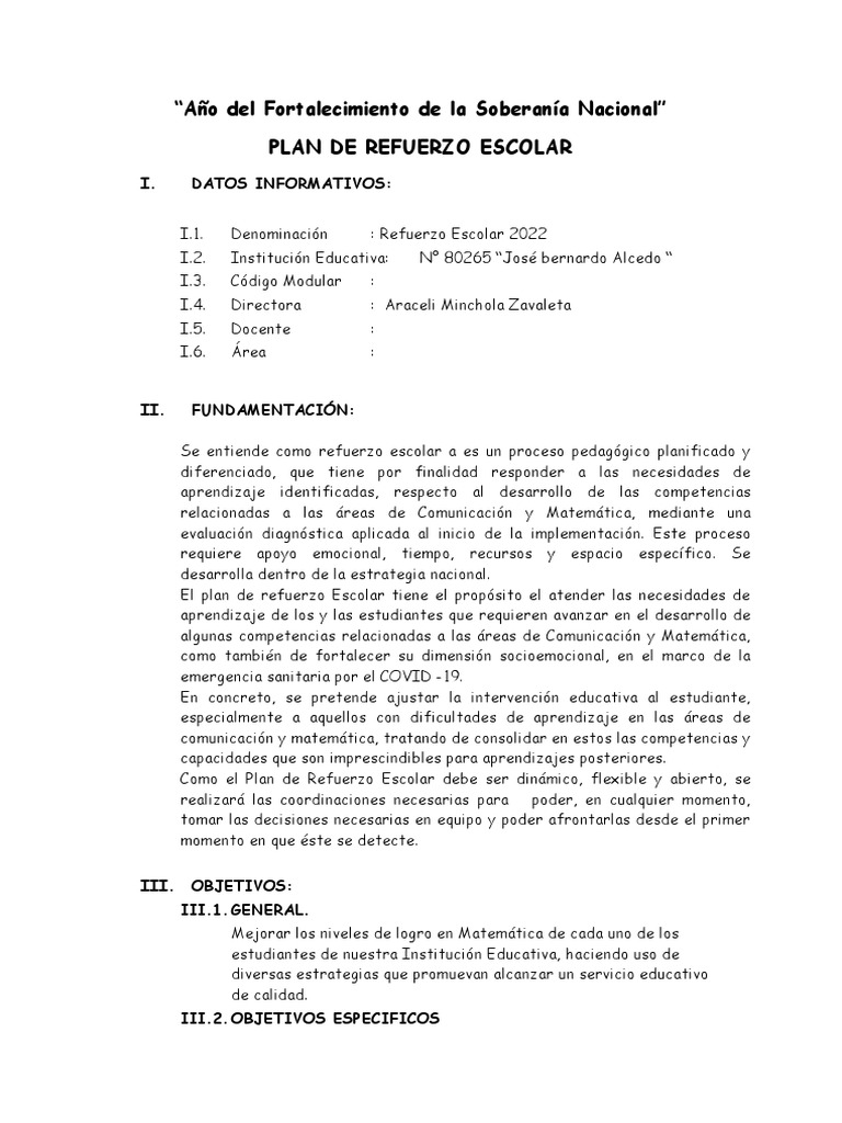 Plan De Refuerzo Escolar Ie 80265 Pdf Aprendizaje Evaluación