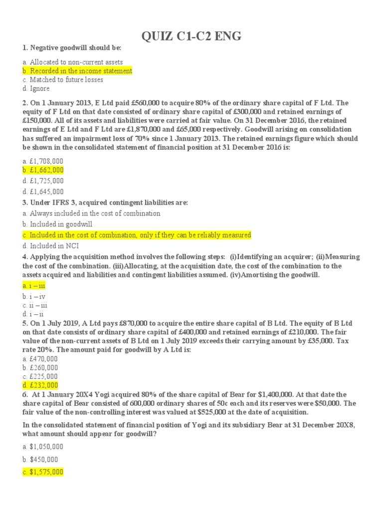 Quiz C1-C2 Eng | PDF | Goodwill (Accounting) | Balance Sheet