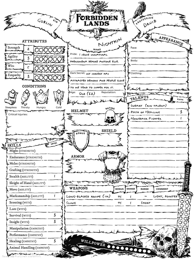 Forbidden Lands Pregen Sheet NIghtkim | PDF