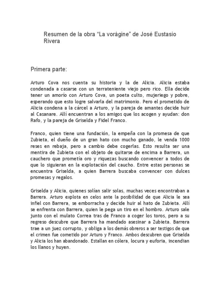 Resumen de La Obra "La Vorágine" de José Eustasio Rivera | PDF