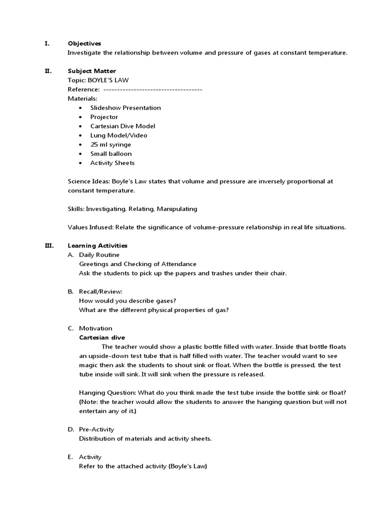 Boyle's Law LESSON PLAN | PDF | Gases | Buoyancy