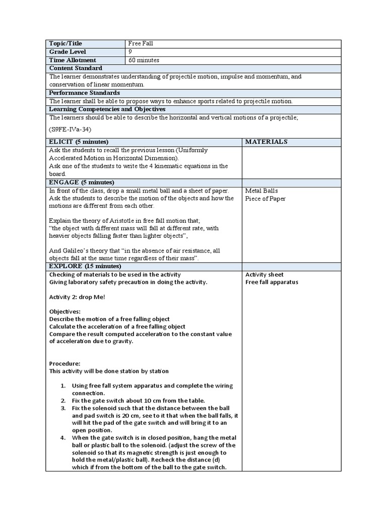 Lesson Plan Free Fall | PDF | Mass | Acceleration