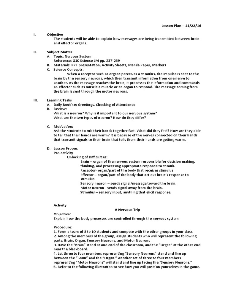 Lesson Plan Nervous System Star | Download Free PDF | Nervous System ...