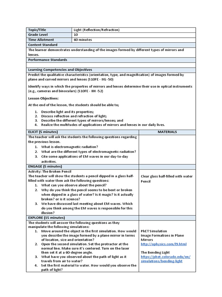 Lesson Plan - LIGHT G10 | PDF | Mirror | Light