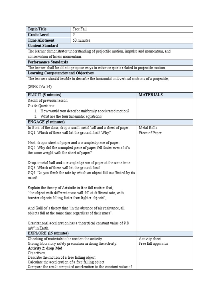 Lesson Plan Free Fall-1 | PDF | Mass | Acceleration