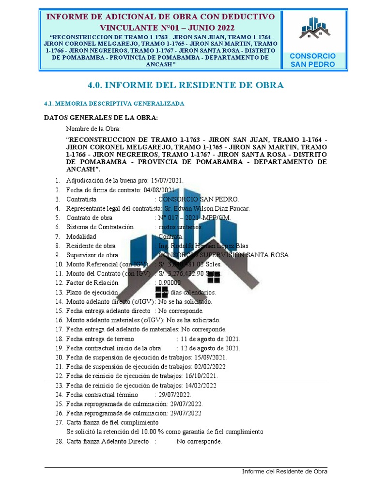 II.4 INFORME DEL RESIDENTE DE OBRA DE VALORIZACION ADICIONAL DE OBRA N° 01 POR DEDUCTIVO ...