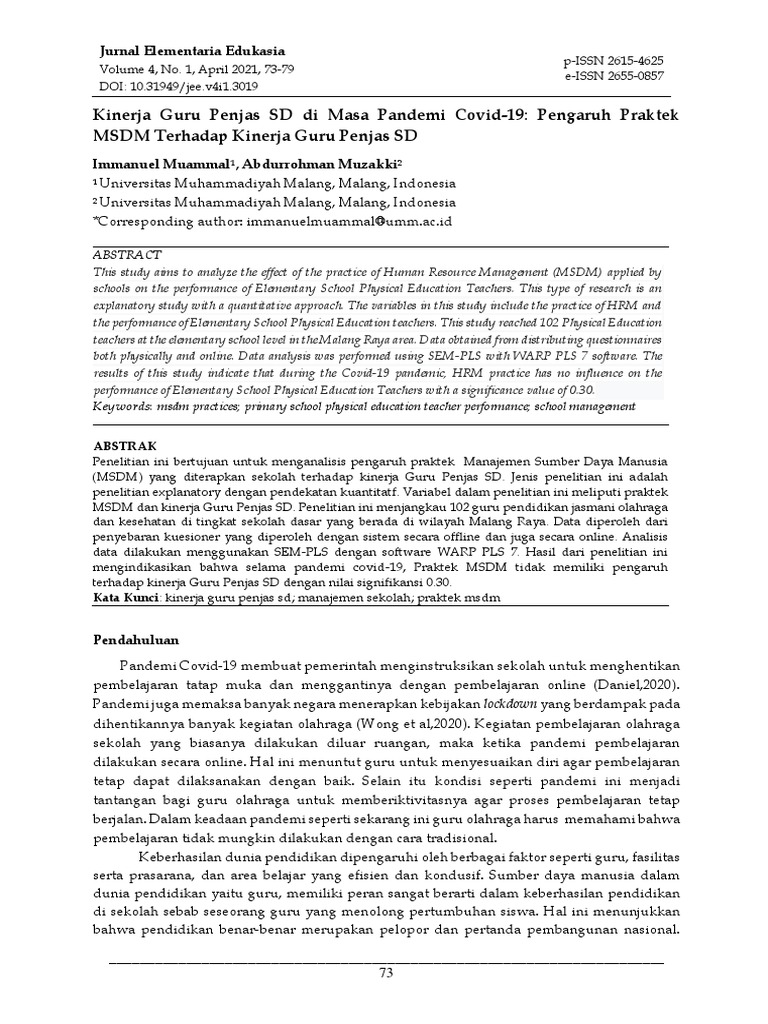 Muammal Muzakki - MSDM Practices Primary School Physical Education Teacher Performance School ...