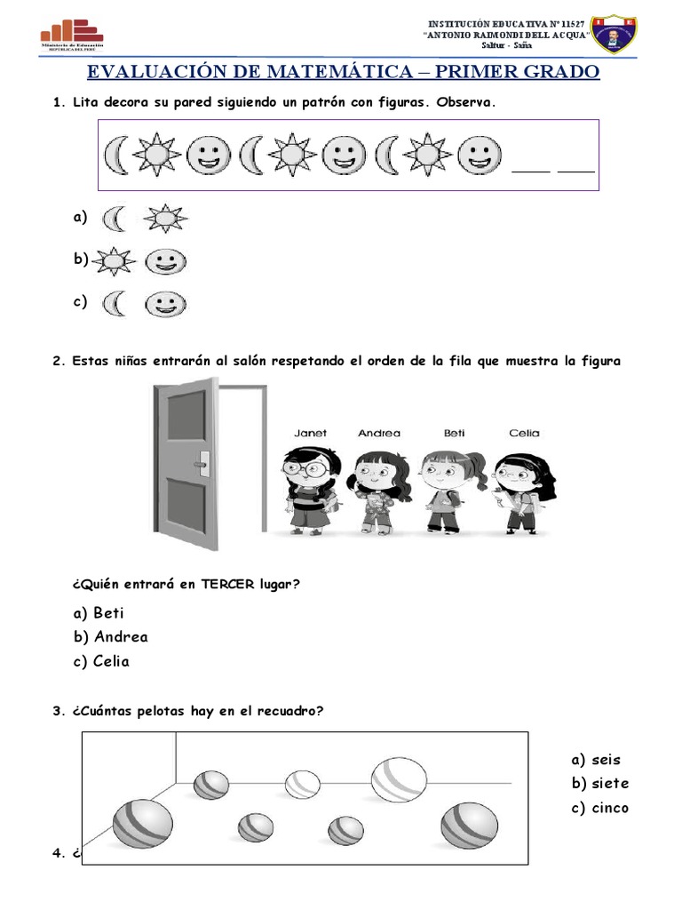 Evaluación Matemática - 1er Grado | PDF
