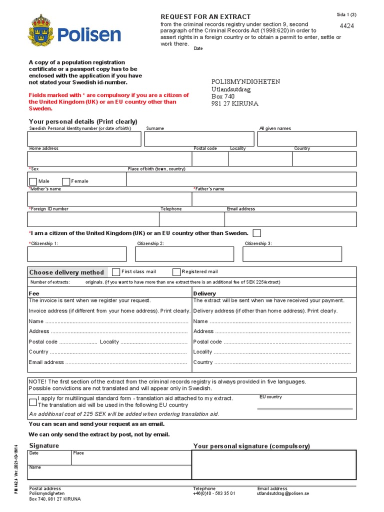 Criminal Record Extract Request Form | PDF | Identity Document ...