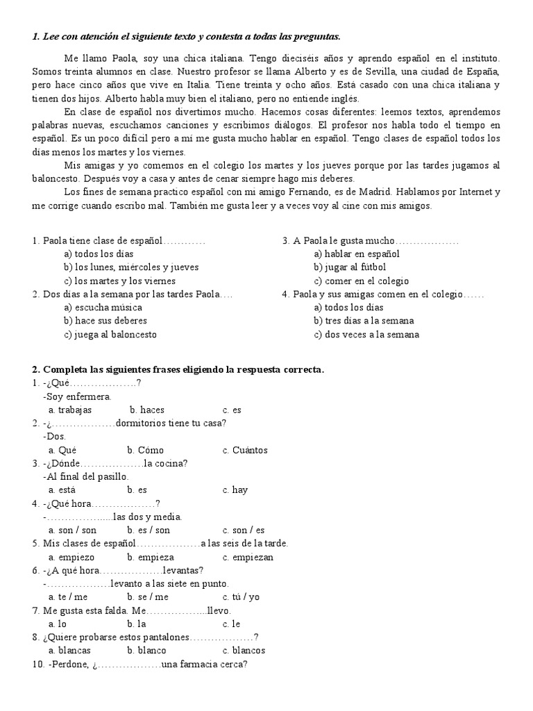 Test (Nivel A1-A2 Lectura y Gramática) | PDF | Lengua española