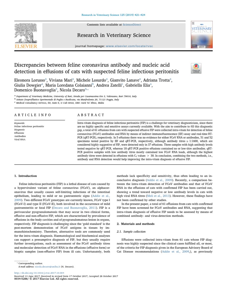 Discrepancies Between Feline Coronavirus Antibody and Nucleic ...