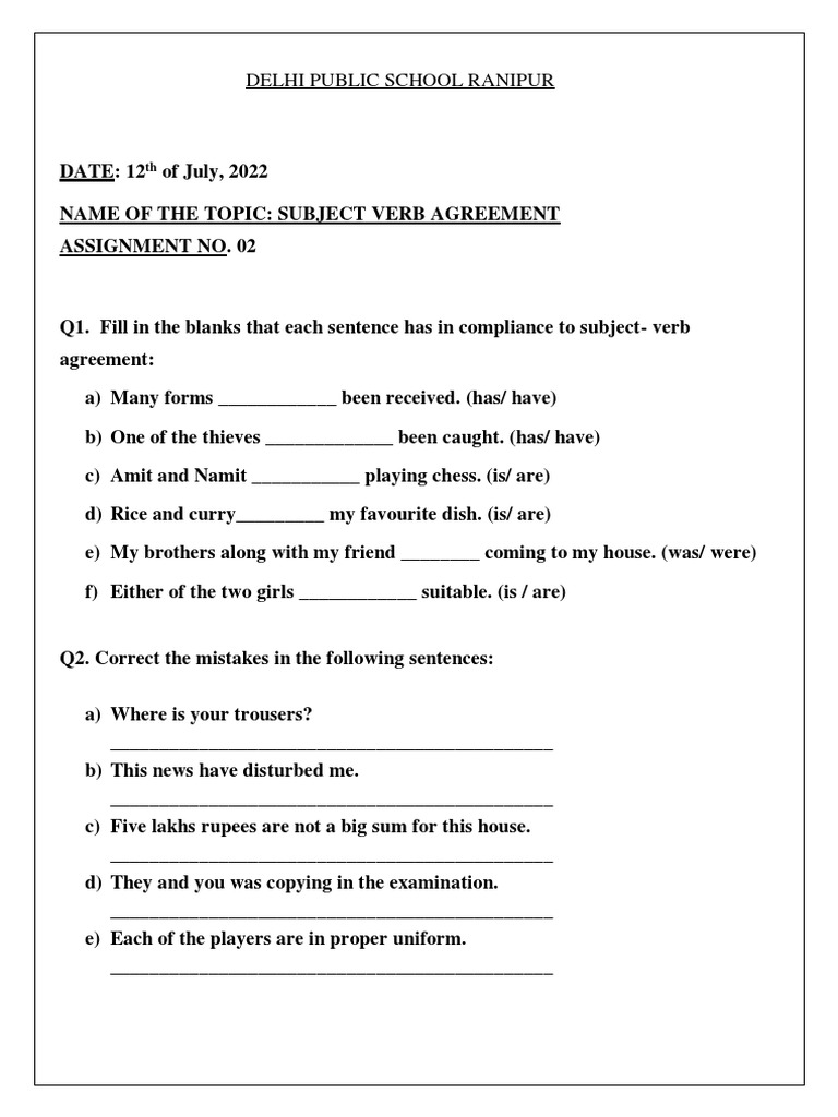 CLASS 6 SUBJECT VERB AGREEMENT ASSIGNMENT 1 PDF