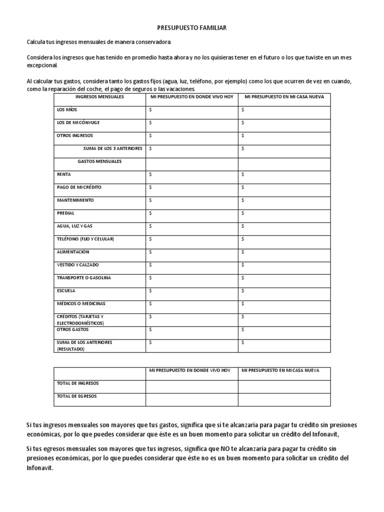 Formato Presupuesto Familiar para Infonavit | PDF | Presupuesto | Economias