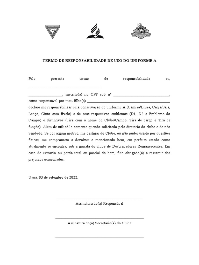 Modelo De Termo De Responsabilidade De Uso Do Uniforme Images Andcarta