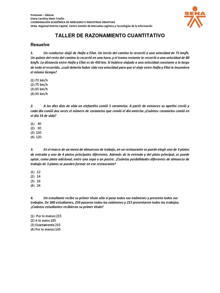 Taller de Razonamiento Cuantitativo | PDF | Marketing