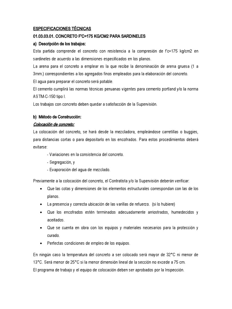 Espec. Tecn. TRABAJO | PDF | Hormigón | Cemento