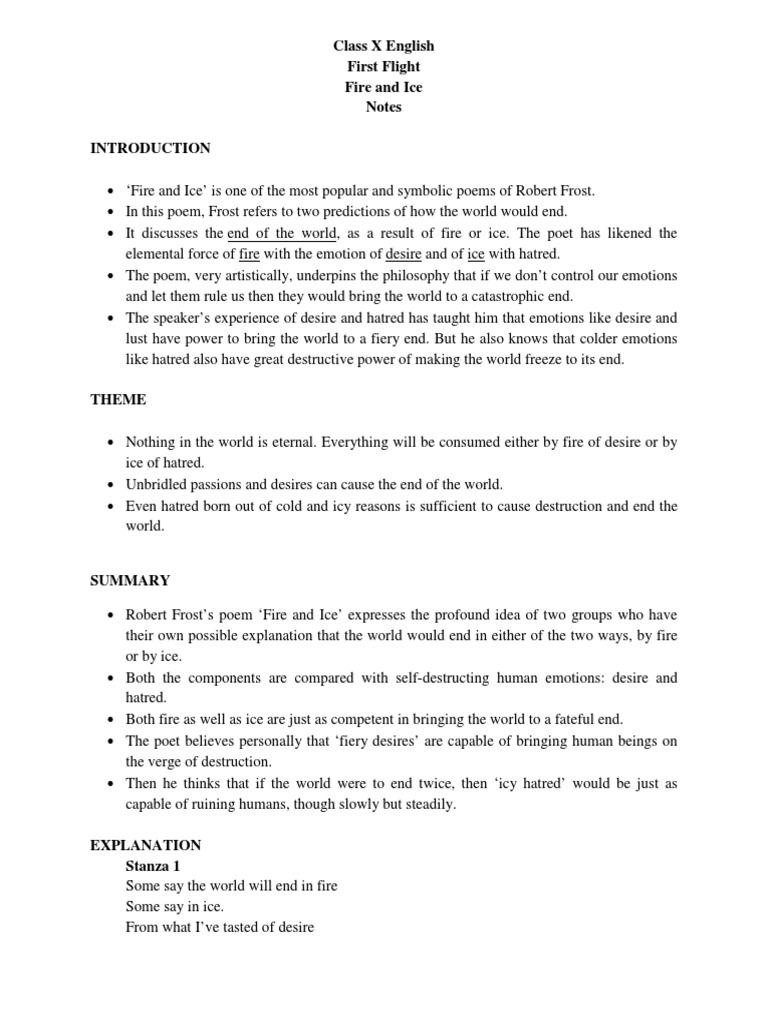 10 English-Fire and Ice - Notes | PDF | Emotions | Greed