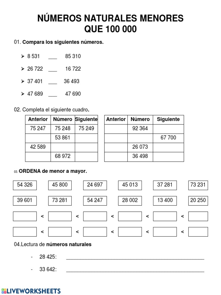 Números Naturales Menores de 100 000 Practica | PDF