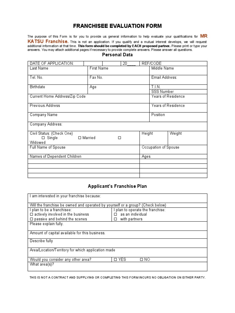 Franchise Evaluation Form | Download Free PDF | Franchising | Salary