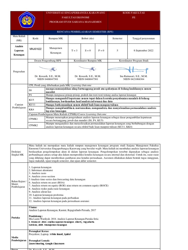RPS Analisis Laporan Keuangan - S1 - MJN - Gasal 2022-2023 | PDF