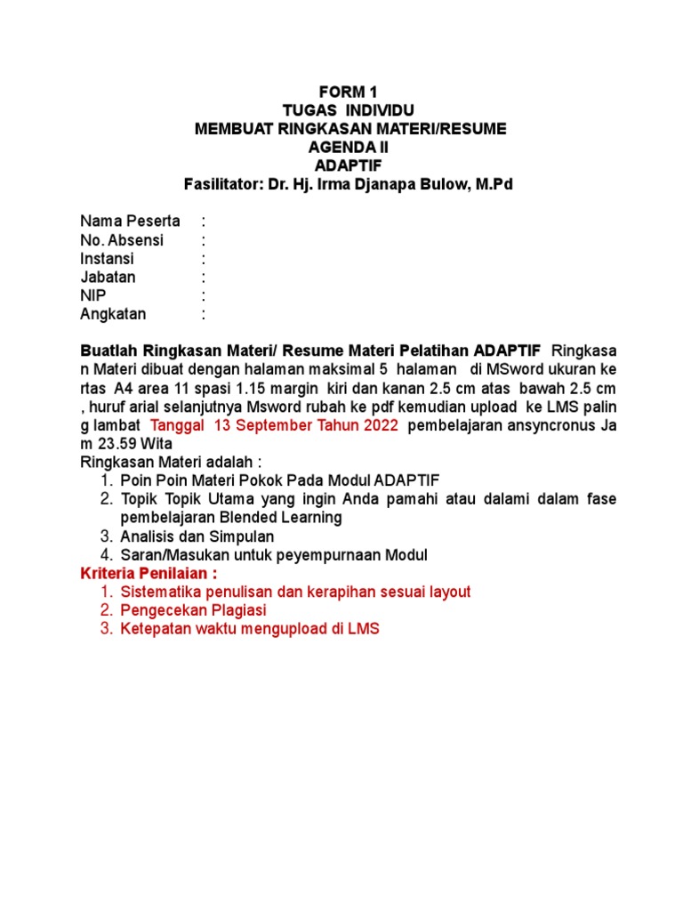 Form 1 Tugas Individu Membuat Ringkasan Materi/Resume Agenda Ii Adaptif Fasilitator: Dr. Hj ...