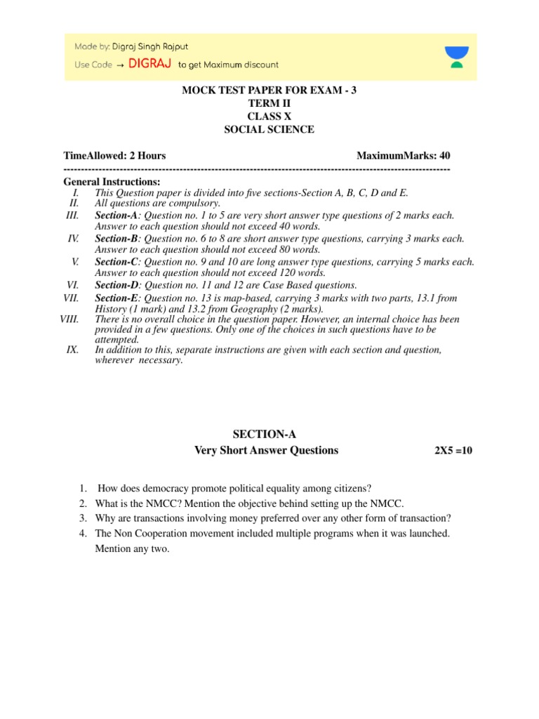 Mock Test Paper For Exam - 3 1654186522915 | PDF | Mahatma Gandhi | Dalit