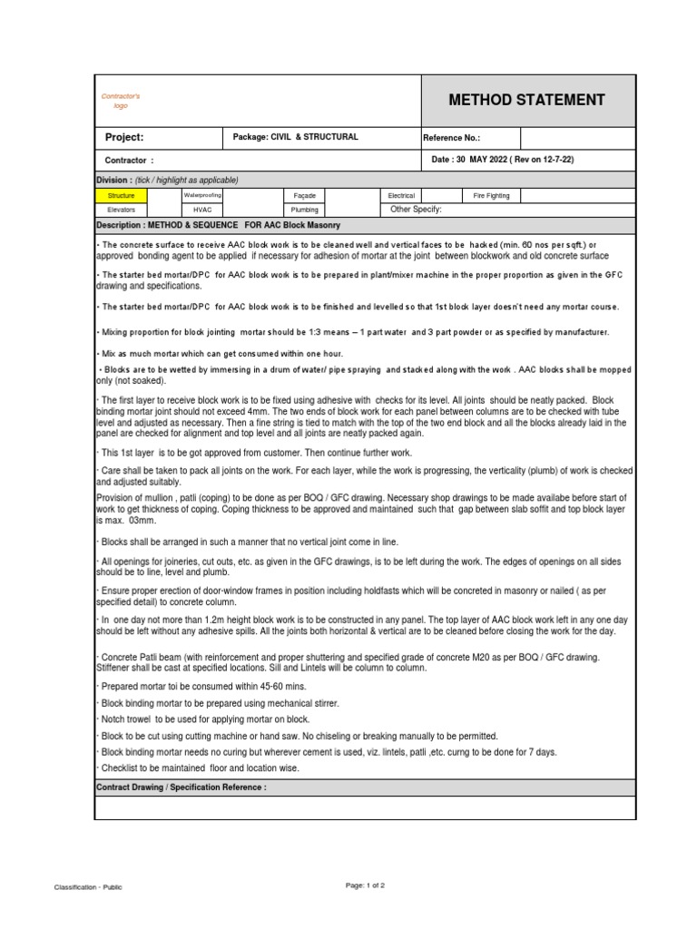 AAC Block Masonary - Method Statement | PDF | Concrete | Masonry